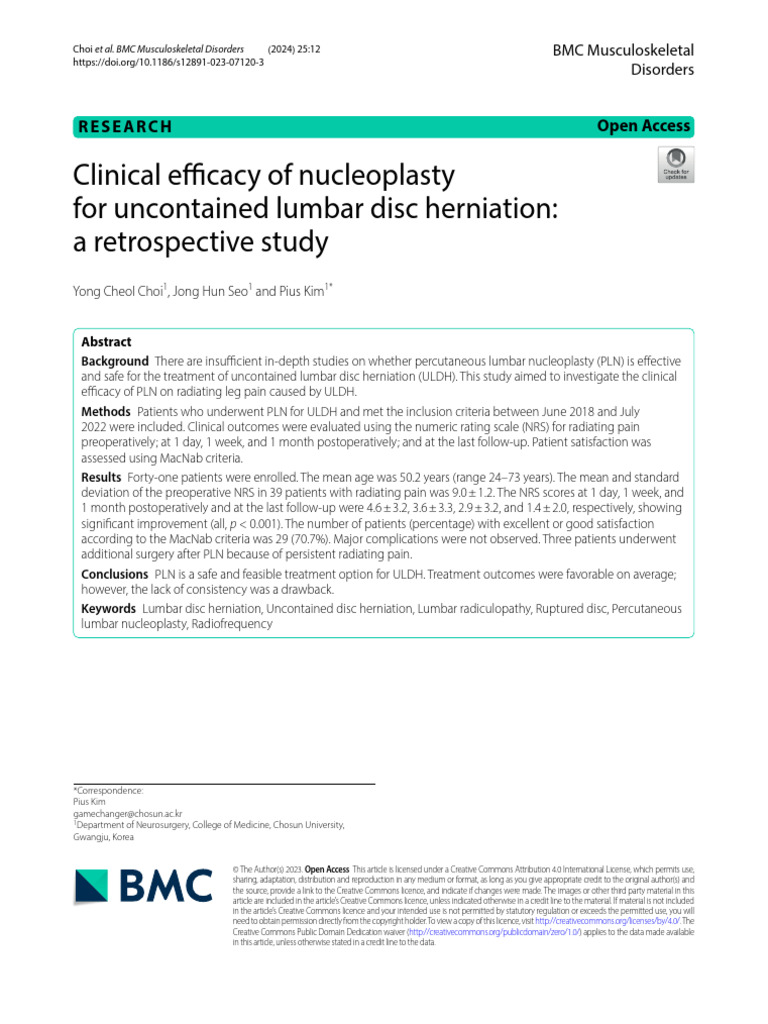 Clinical Efficacy of Nucleoplasty For Uncontained Lumbar Disc ...