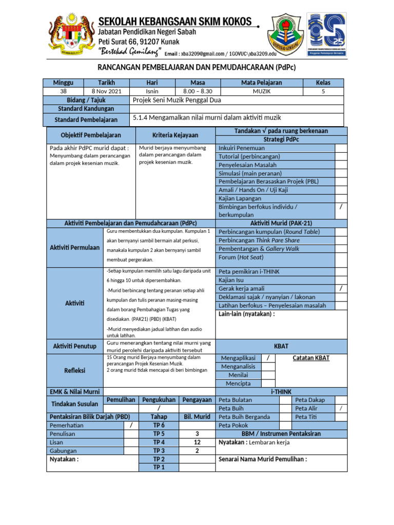 RANCANGAN PEMBELAJARAN DAN PEMUDAHCARAAN Muzik Tahun 5 RPH TS 25 | PDF