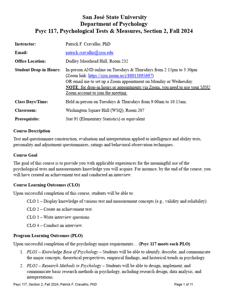 Psyc 117-02 Syllabus Fall 2024 | PDF