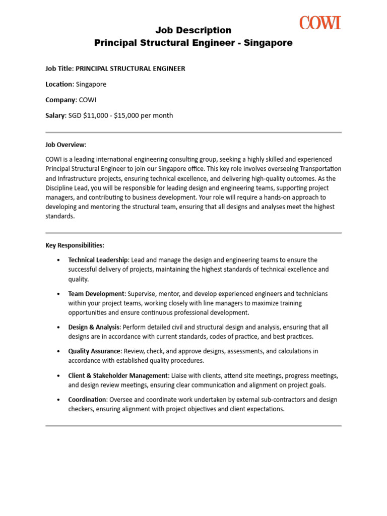 JD - COWI - Principal Structural Engineer - SG | PDF