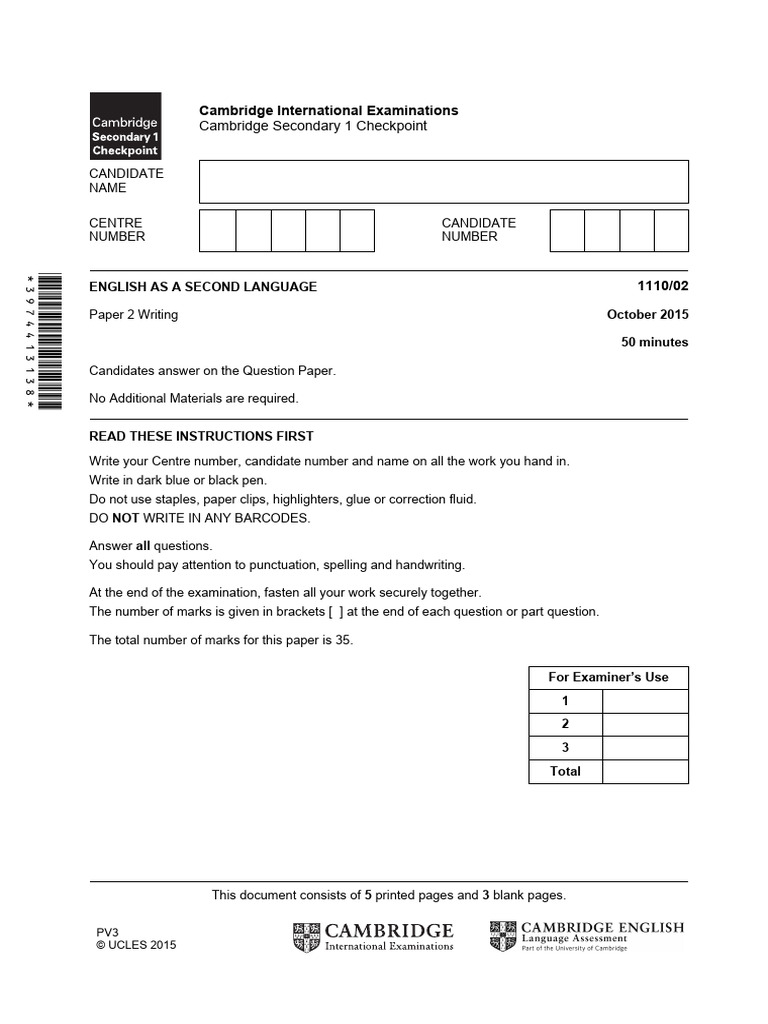 Cambridge Secondary Checkpoint - English As A Second Language (1110 ...