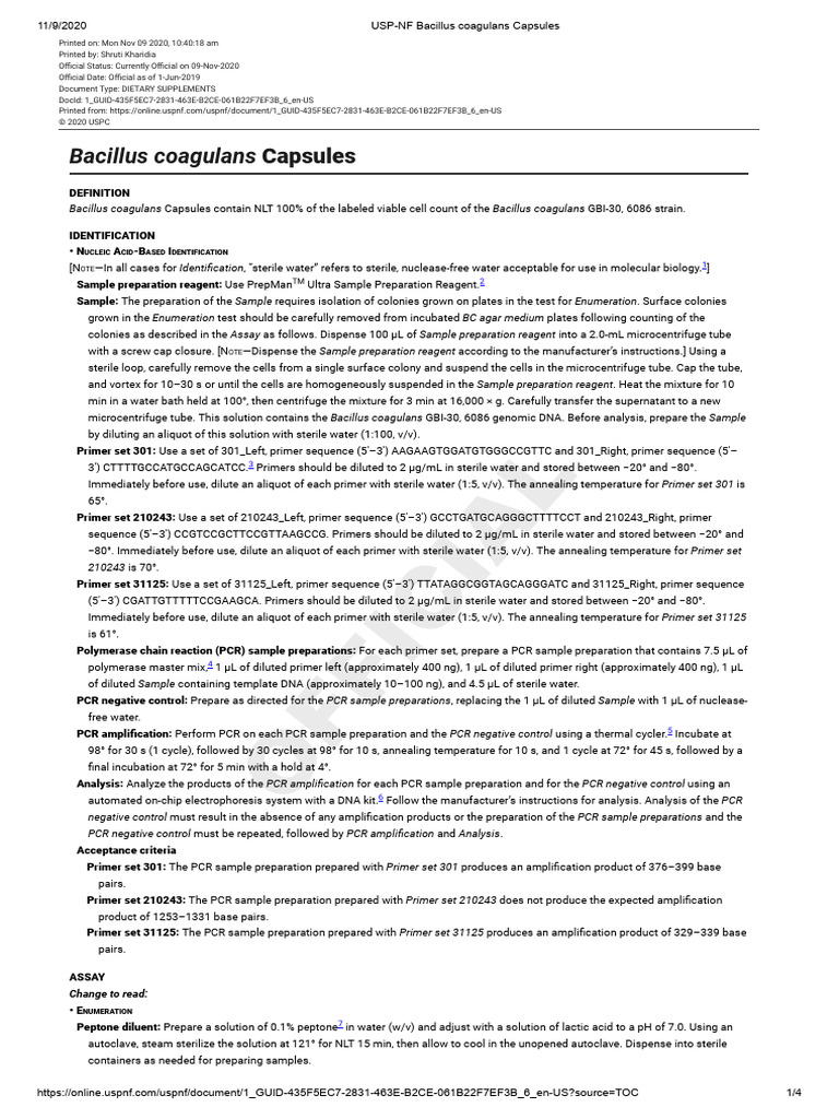 USP-NF Bacillus coagulans Capsules | PDF