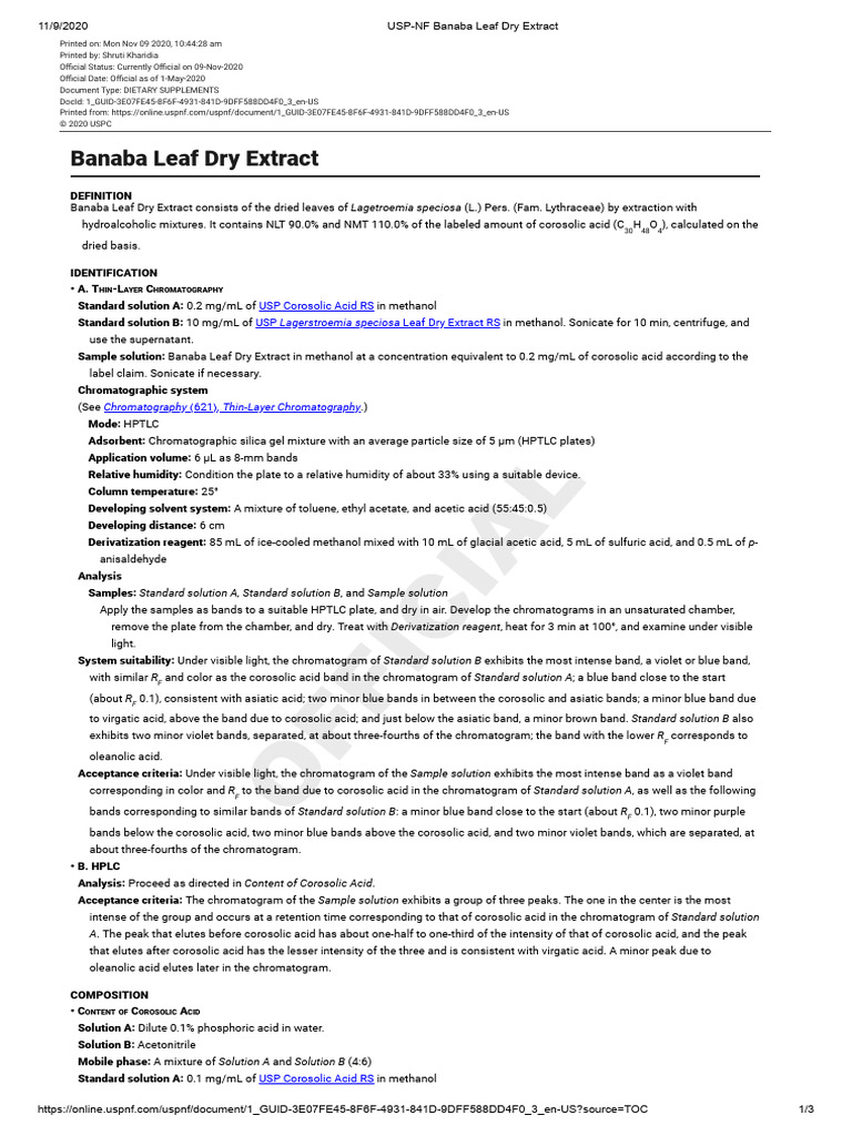 USP-NF Banaba Leaf Dry Extract | PDF | Thin Layer Chromatography | Chromatography