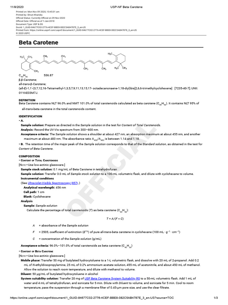 USP-NF Beta Carotene | PDF | Chromatography | Ultraviolet–Visible Spectroscopy