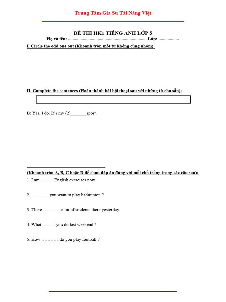 De Thi hk1 Tieng Anh Lop 5 de Thi hk1 Tieng Anh Lop 5 | PDF