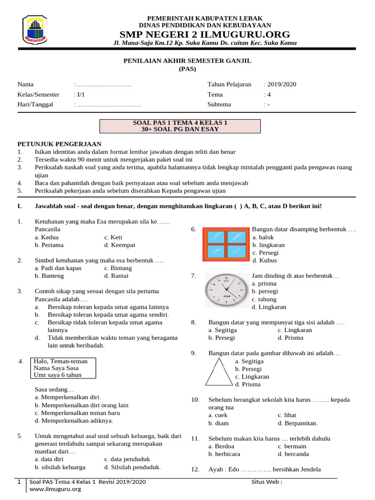 Soal Semester Kelas 1 Tema 4 | PDF