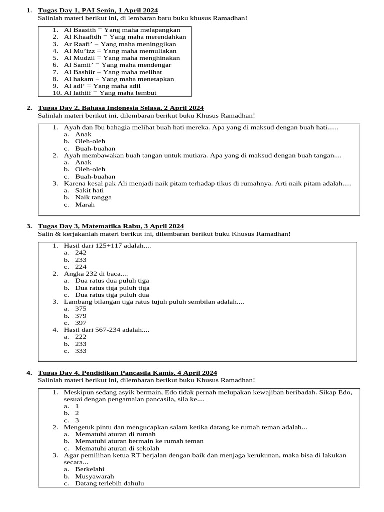 Tugas Kelas Ii Selama Libur | PDF