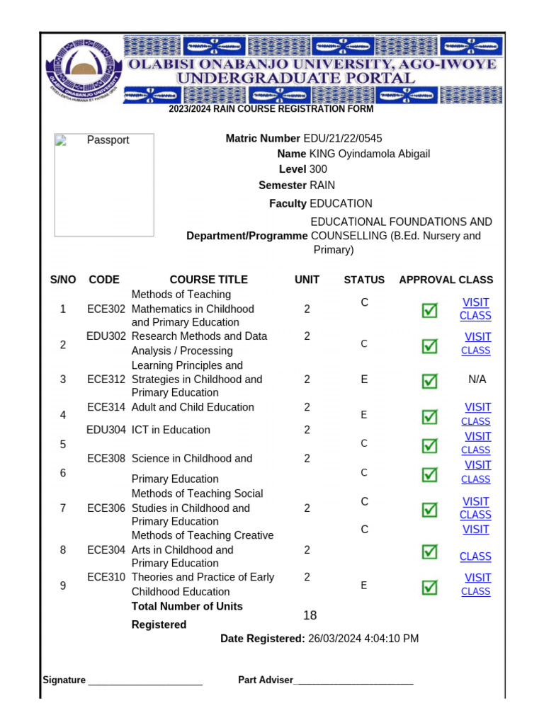 Rain 2023 - 2024 Course Registration Form | PDF