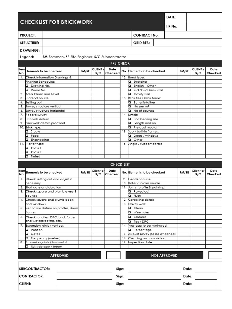 Checklist For Brickwork | PDF | Building Technology | Architectural ...