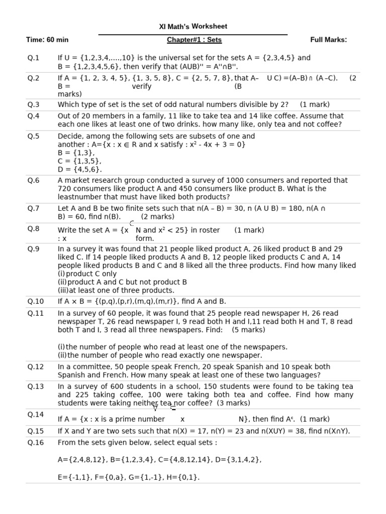 CBSE Class 11 Mathematics Worksheet - Set Theory | PDF CBSE Class 11 Mathematics Worksheet - Set Theory | PDF