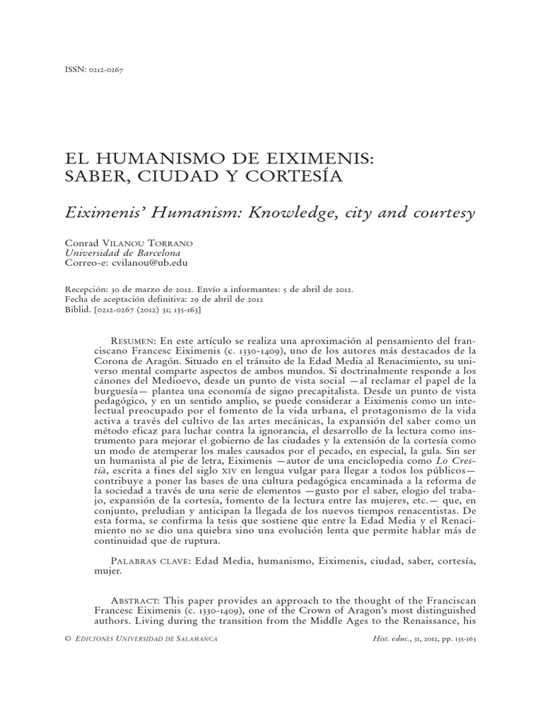 El Humanismo de Francesc Eiximenis | PDF