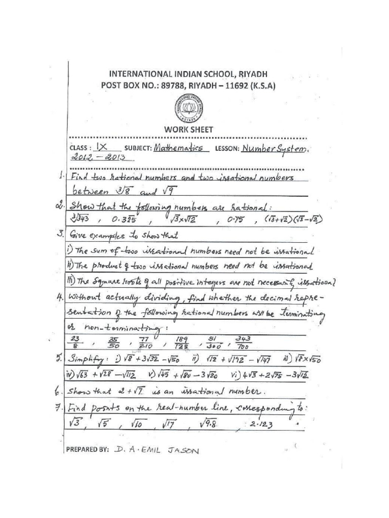 CBSE Class 9 Mathematics Worksheet - Number System | PDF