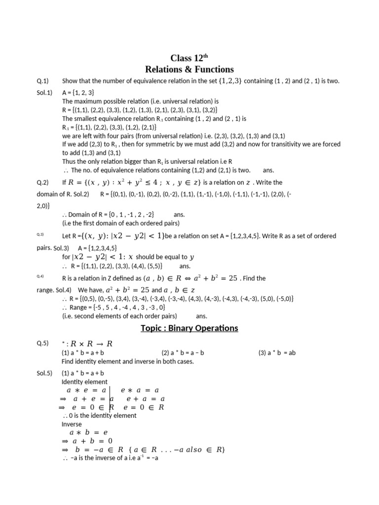 CBSE Worksheets For Class 12 Maths Relations and Functions Assignment ...