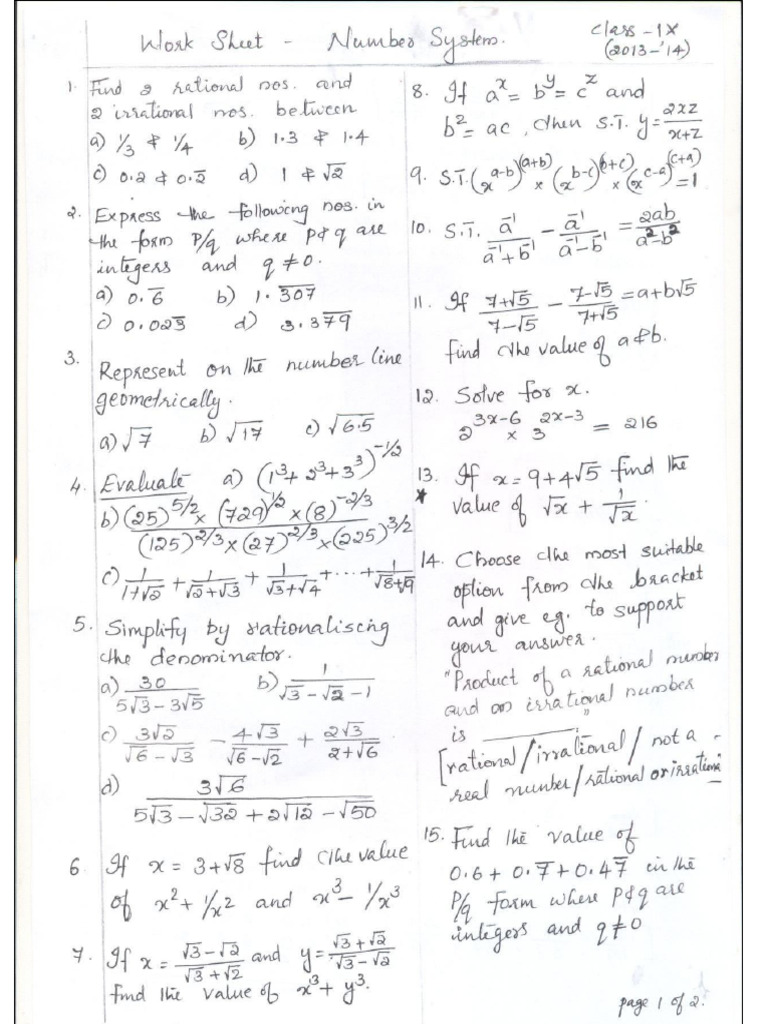 CBSE Class 9 Mathematics Worksheet - Number System | PDF