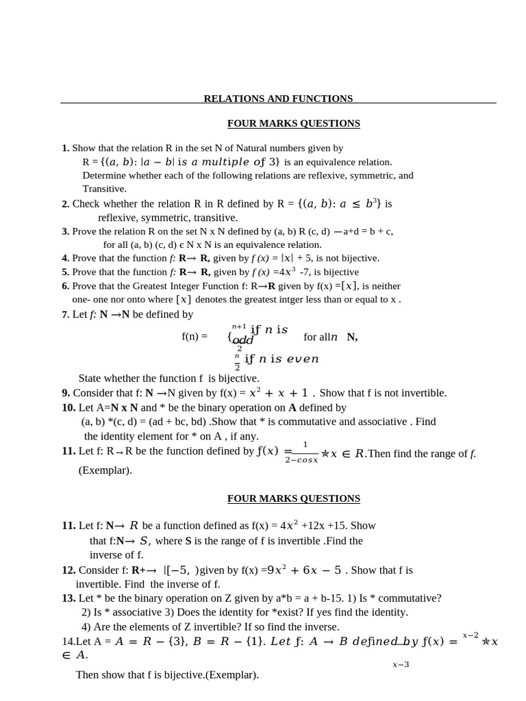 CBSE Worksheets For Class 12 Maths Relations and Functions Assignment ...