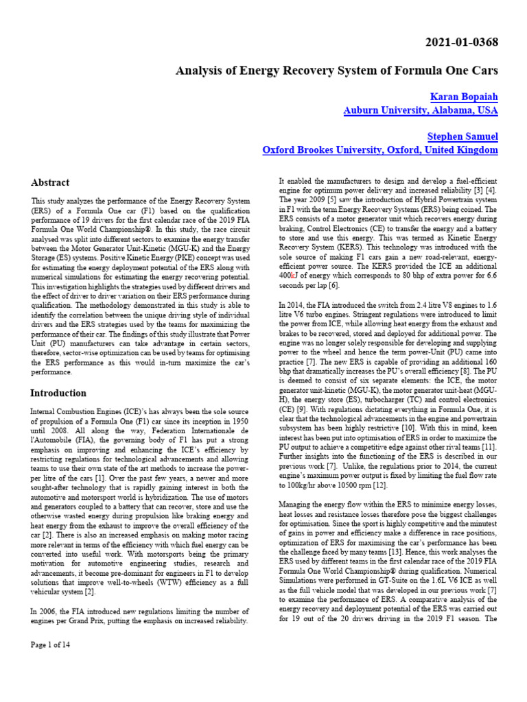 Energy Recovery System For Formula One - 2021 - Bopaiah Samuel | PDF ...