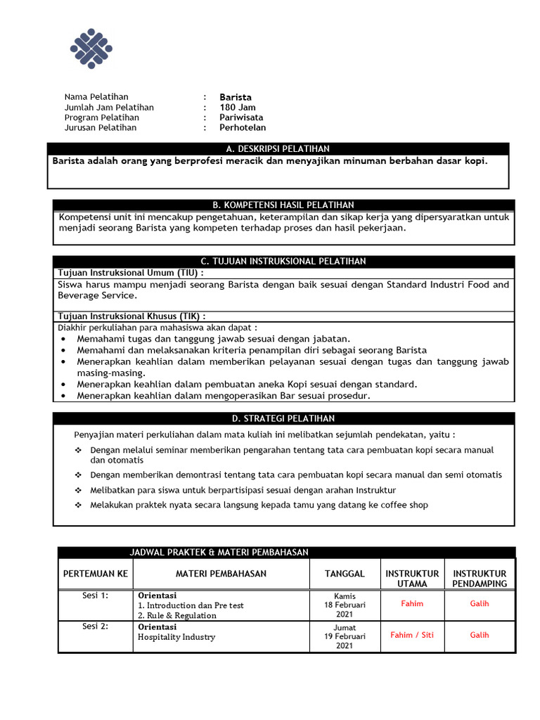 Lesson Plan Dan Jadwal Barista Tahap 1 2021 | PDF