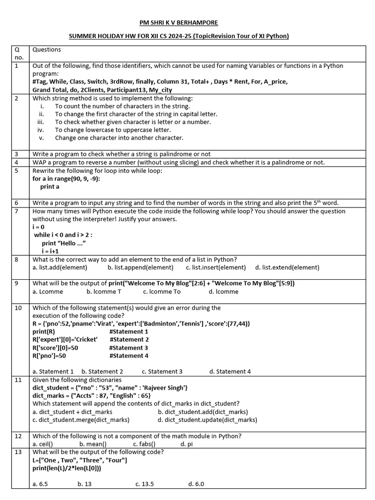 KVBRP 12 CS Summer Holiday HW 2024-25 | PDF | String (Computer Science ...