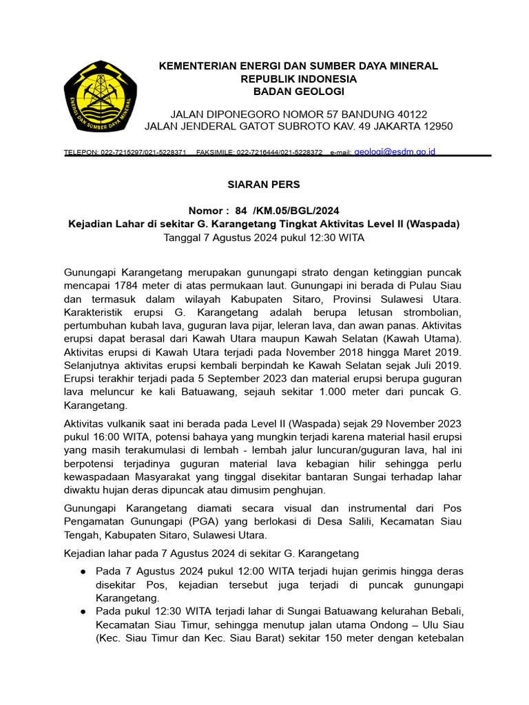 Siaran Pers Lahar Gunung Karangetang 7 Agustus 2024 | PDF
