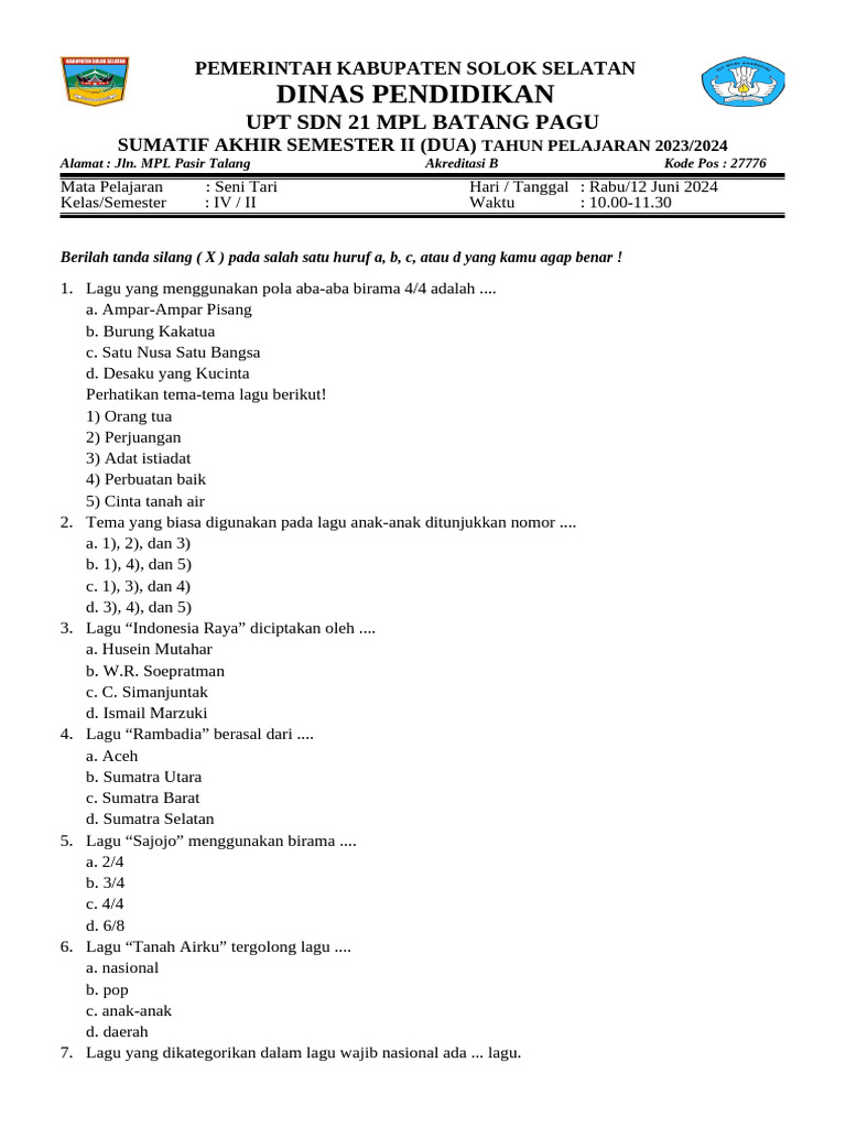 Soal Uas Seni Kels 4 KM | PDF