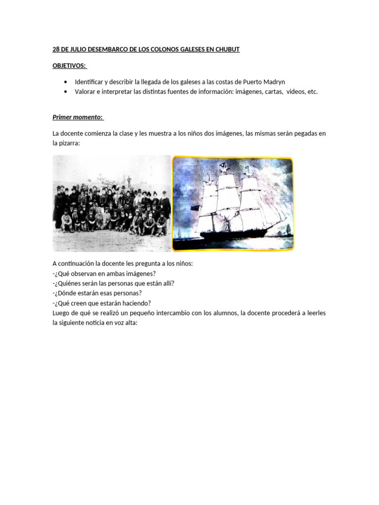 Clase Sobre 28 de Julio Desembarco Colonos Galeses A Nuestras Costas | PDF