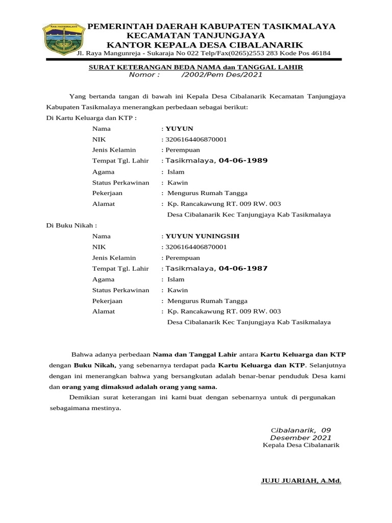 Keterangan Beda Nama | PDF