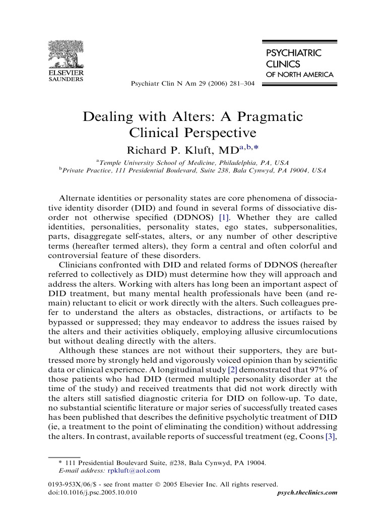 Dealing With Alters A Pragmatic Clinical Perspect | PDF