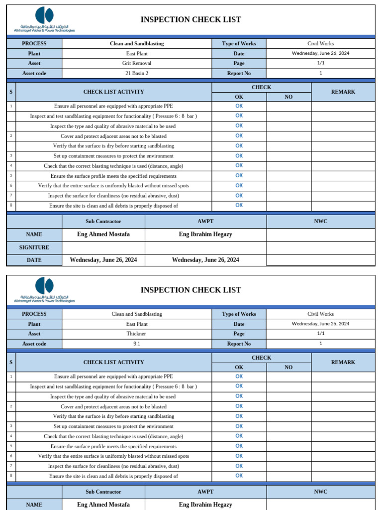 Sandblasting Inspection Check List | PDF
