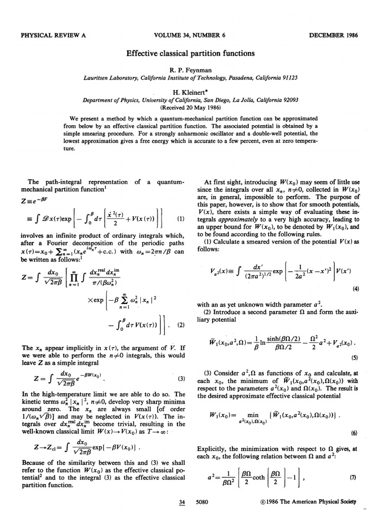 Effective Classical Partition Functions (Feynman, Kleinert) | PDF