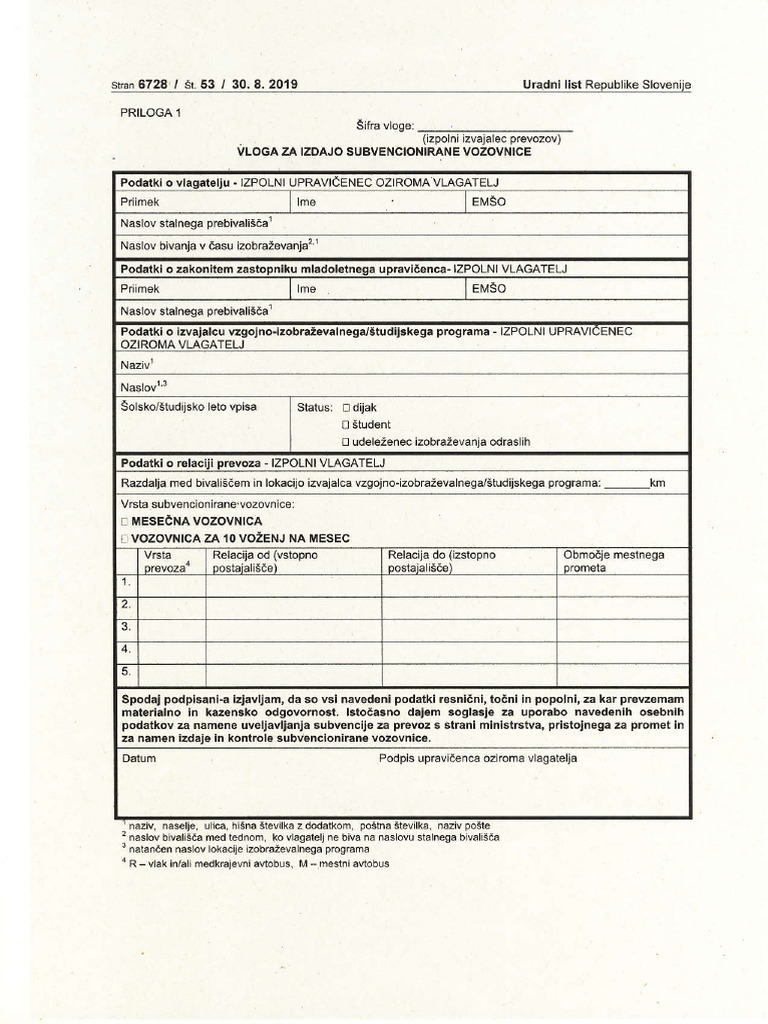 Vloga Za Izdajo Subvencionirane Vozovnice Z Navodili Za Izpolnjevanje 30. 8. 2019 Nova Vloga | PDF