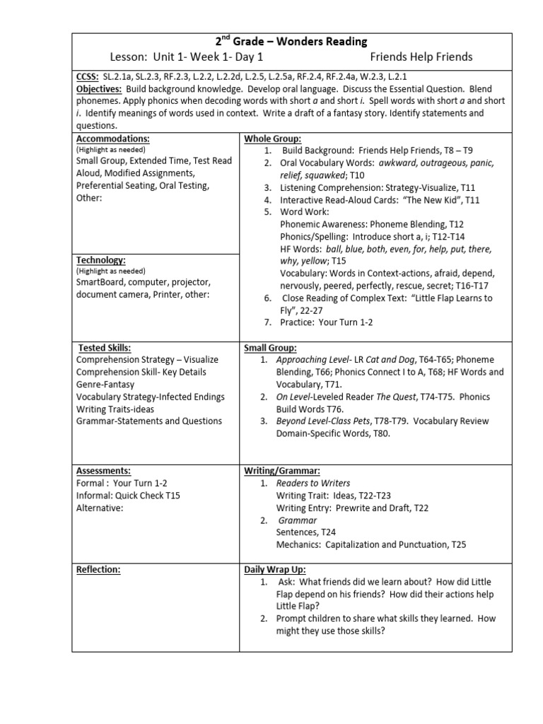 Lesson: Unit 1-Week 1 - Day 1 Friends Help Friends | PDF