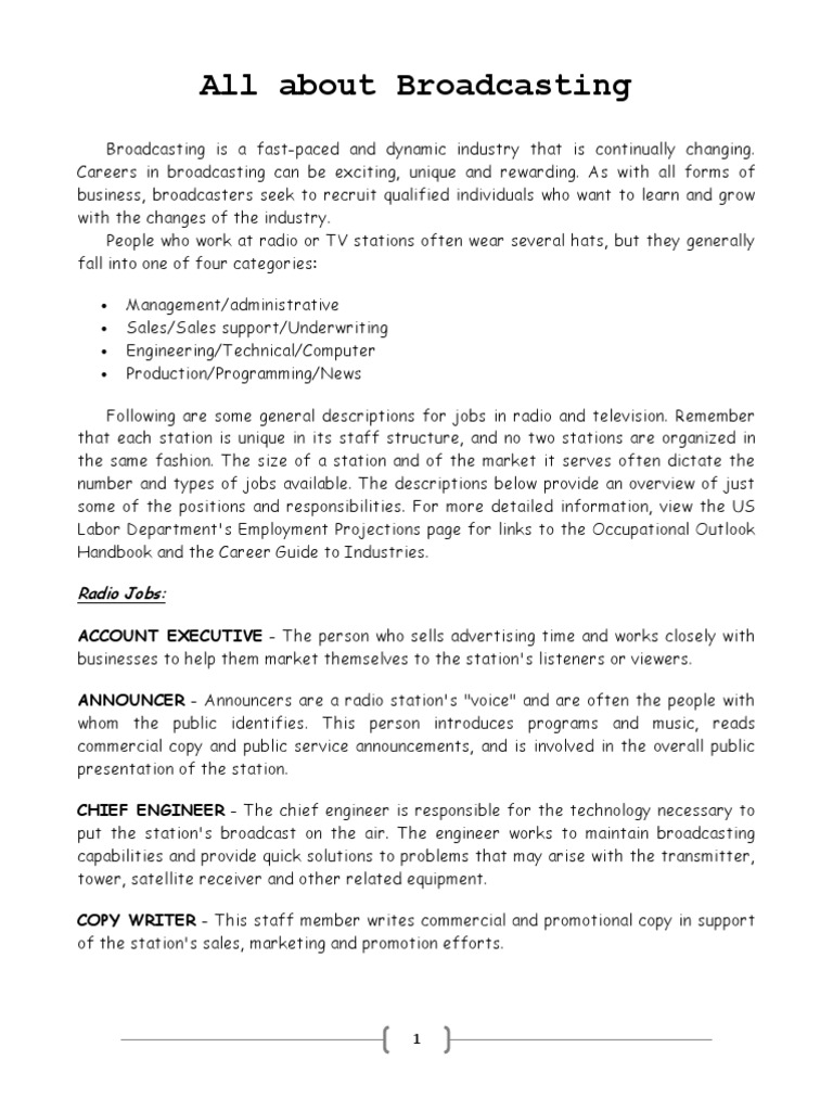 Careers in Broadcasting Explained | PDF | News | Broadcasting