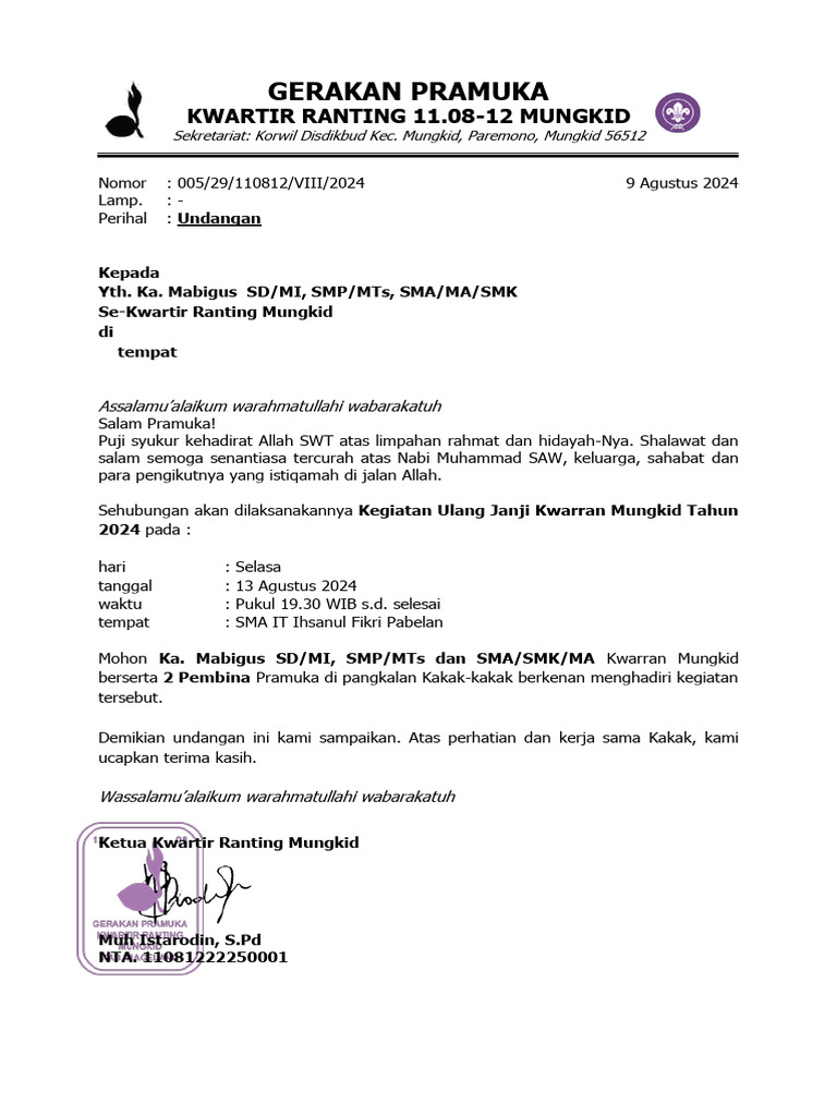 Surat Undangan Upacara Ulang Janji Kwarran Mungkid (Ka Mabigus Dan Pembina) | PDF