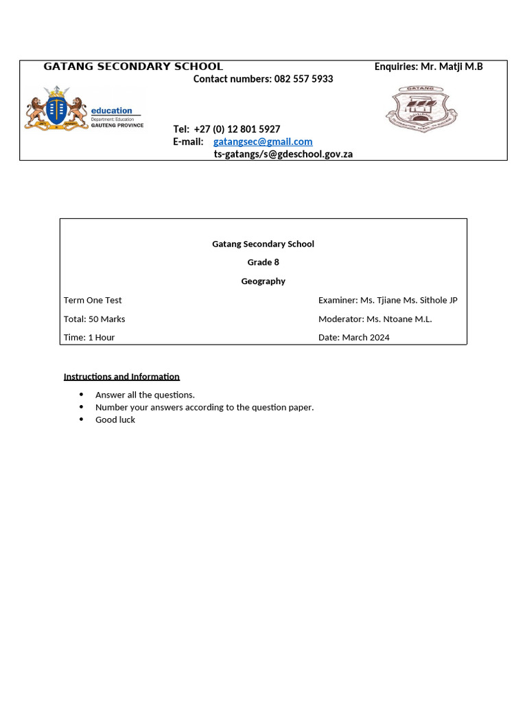 Grade 8 Term 1 Geography Paper | PDF