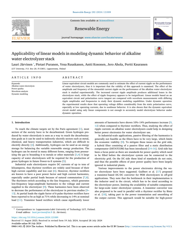 Applicability of Linear Models in Modeling Dynamic Behavior of Alkaline Water Electrolyzer Stack ...