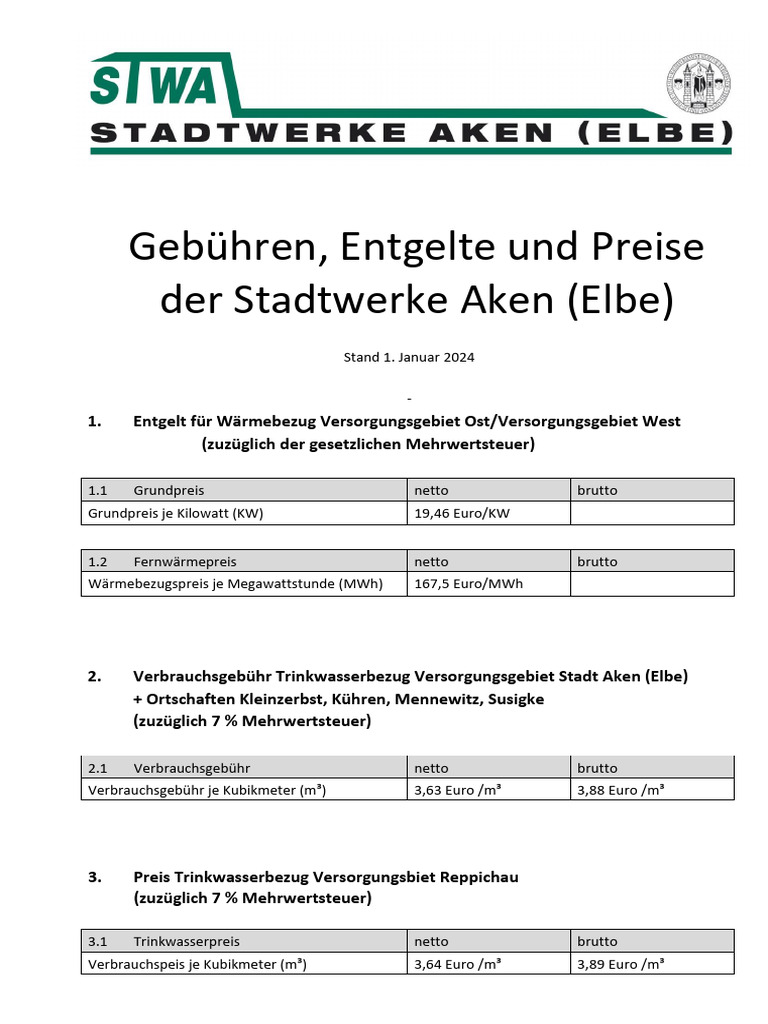 Stwa Tarife - Wasser Waerme | PDF