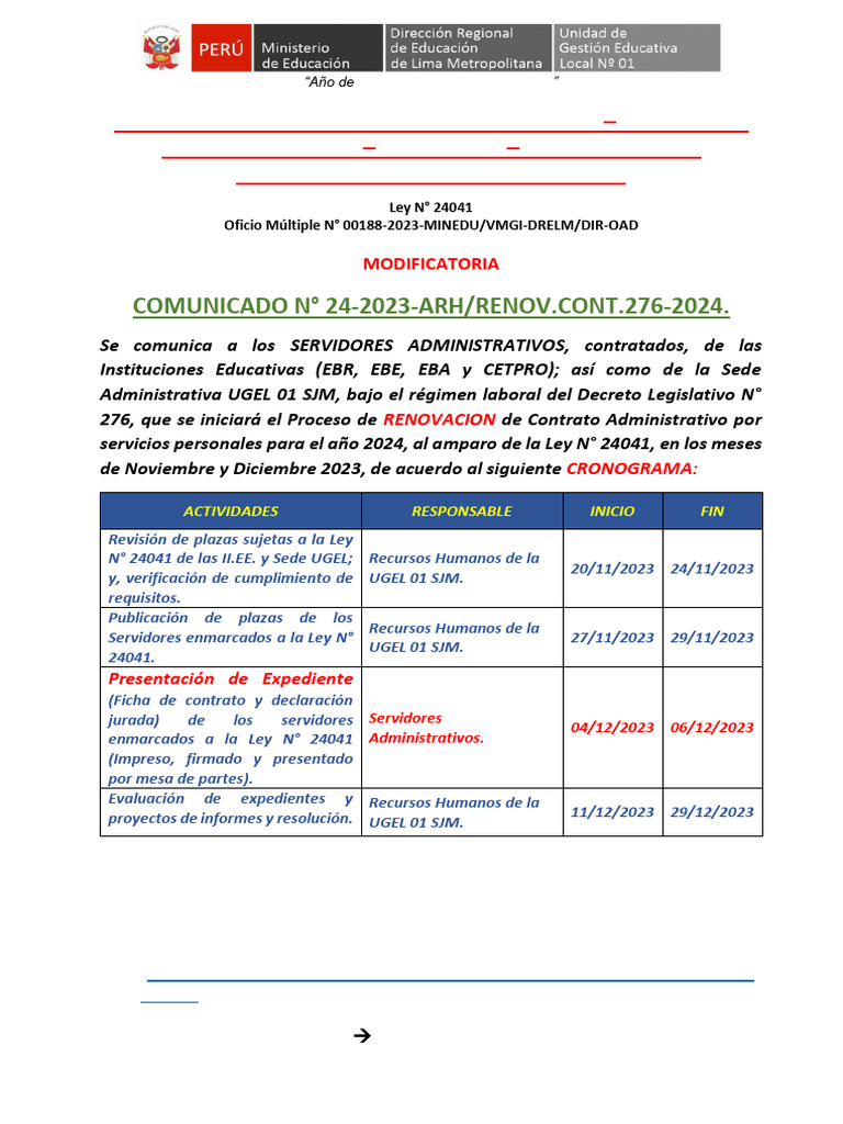 Ver Fe de Erratas A La Modificatoria Al Comunicado N 24 2023 Ugel01 Dir ...