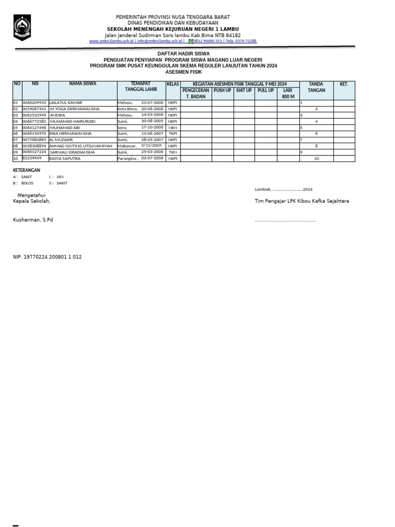 Daftar Hadir Siswa Magang LPK Kks | PDF