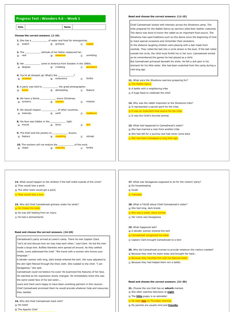 Wonders 4.6 Progress Test Answer Key AK | PDF Wonders 4.6 Progress Test Answer Key AK | PDF