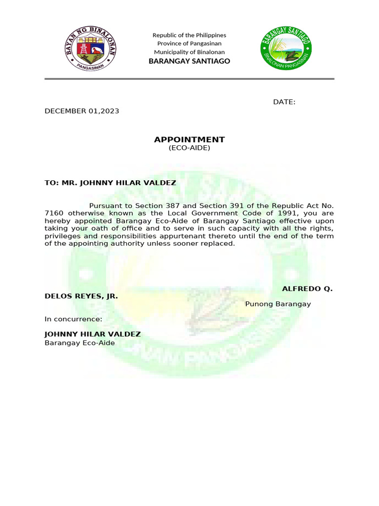 Appointment of Barangay Eco-Aides | PDF | State Ritual And Ceremonies | Oral Communication