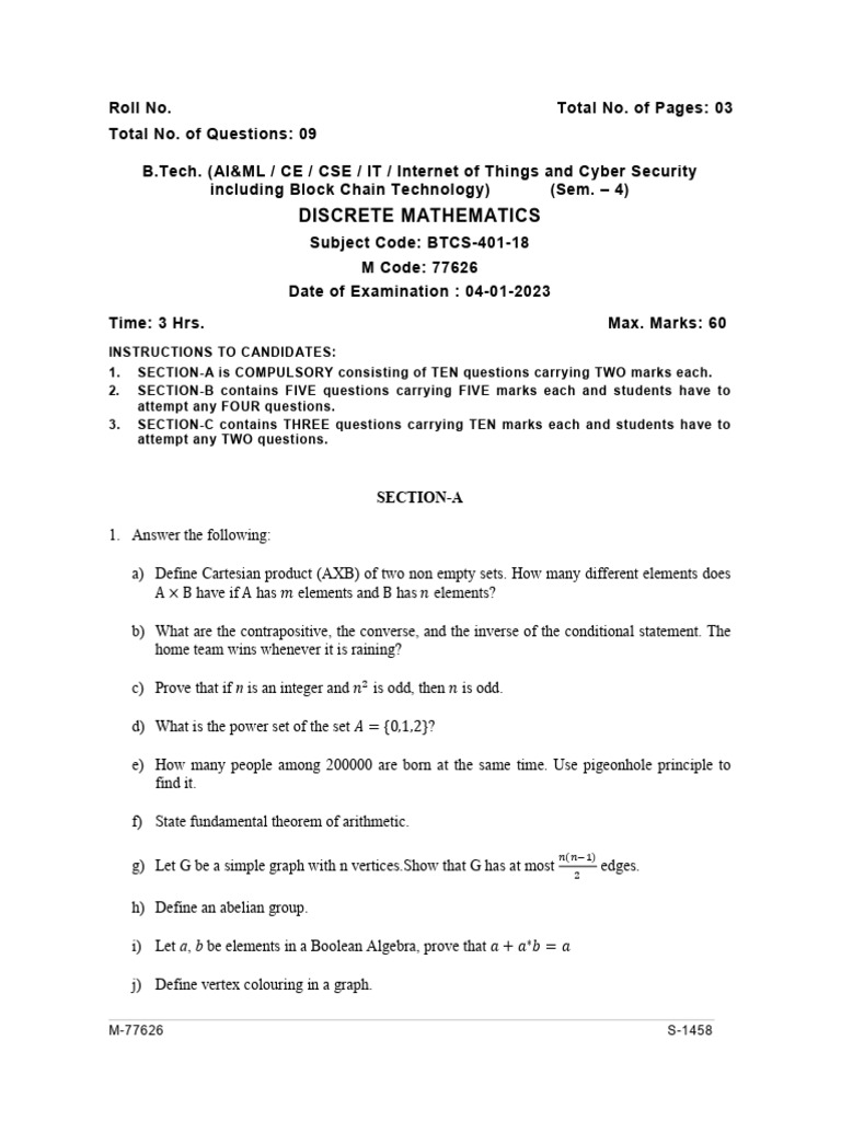 Btech 4 Sem Discrete Mathematics 77626 Jan 2023 | PDF