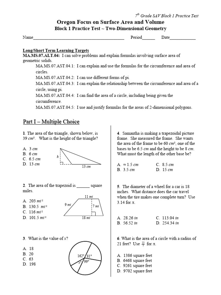 Two-Dimensional Geometry Sav Practice Test | PDF | Area | Science ...