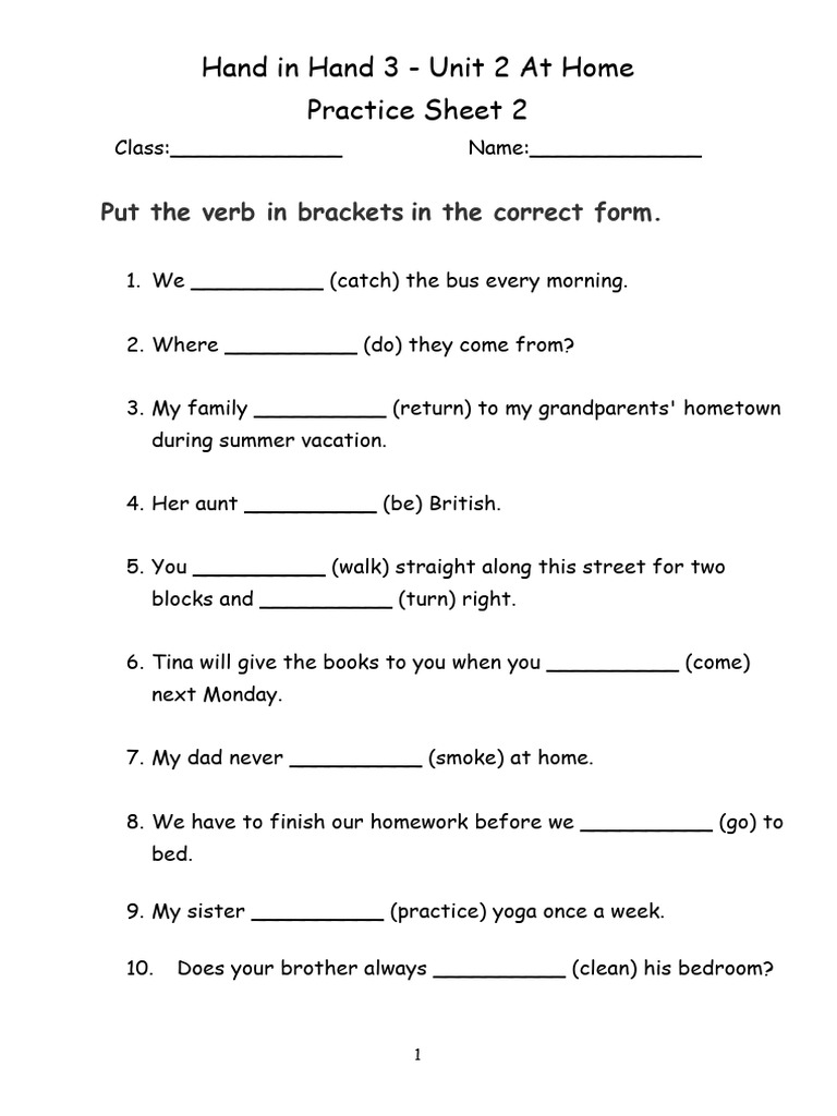 Hand in Hand - Unit 2 Practice Sheet 2 | PDF