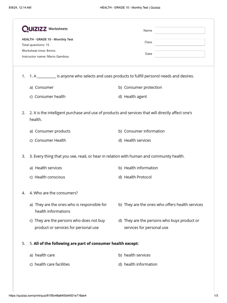 HEALTH - GRADE 10 - Monthly Test - Quizizz | PDF