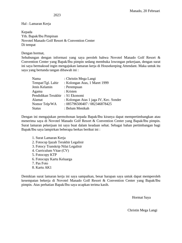 Surat Lamaran Kerja Novotel Manado Golf Resort & Convention Center | PDF