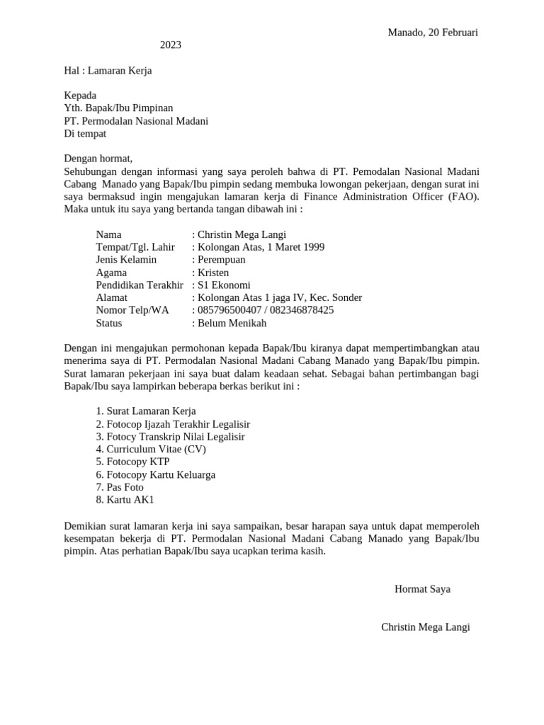 Surat Lamaran Kerja PT. PNM | PDF