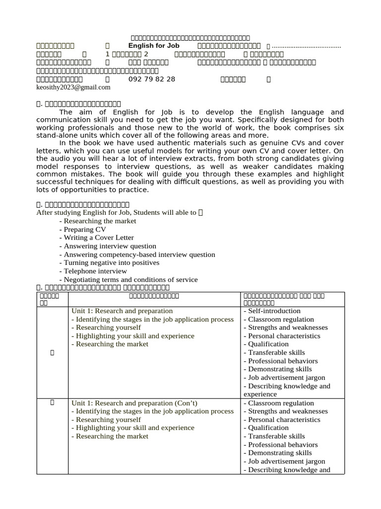 Course Syllabus English For Job | PDF