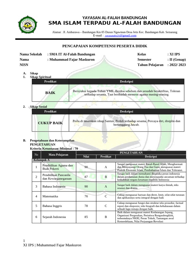 Raport Sma Kelas Xi Sem 2 | PDF