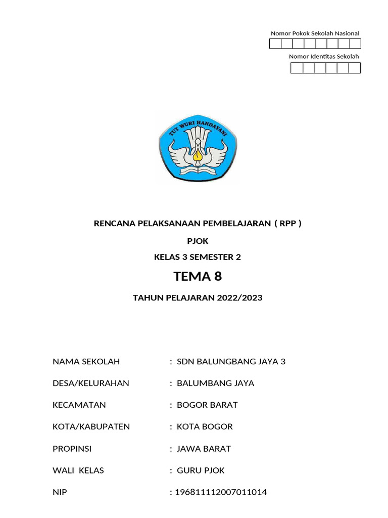 RPP 1 Lembar PJOK Kelas 3 Semester 2 Tema 8 | PDF