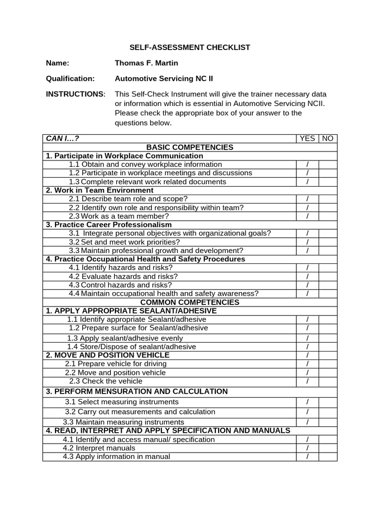 JSS 3 Self Assessment Checklist | PDF | Manual Transmission | Computers
